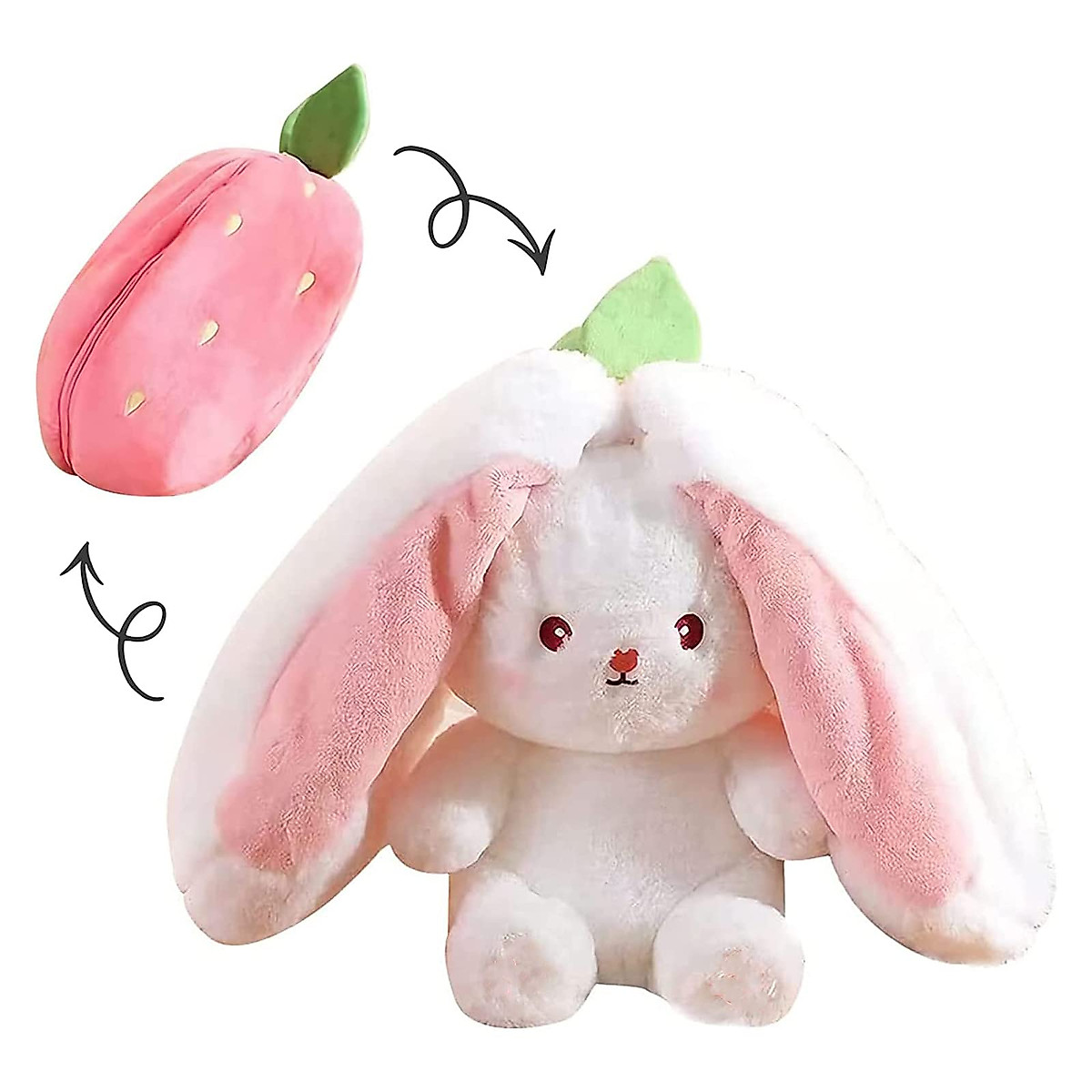 Mukorolee Bunny Plush Doll Toy Pillow, Reversible Carrot Strawberry Bunny Stuffed Animal with Zipper, Cute Rabbit Decoration for Kids & Adult Birthday Party Gift (1pcs 7" Strawberry)