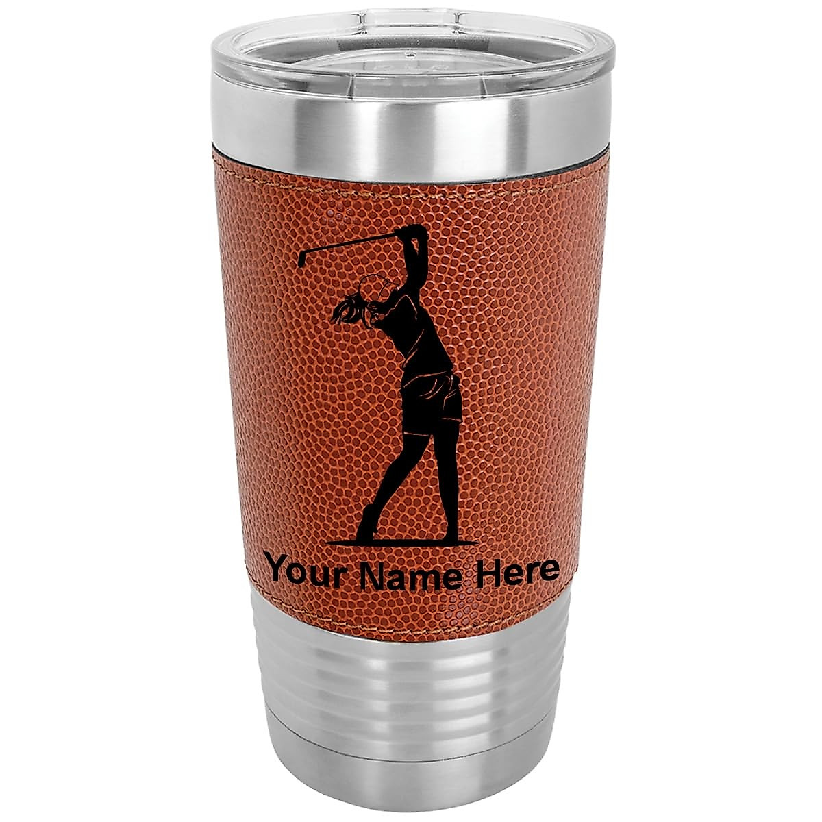 LaserGram 20oz Vacuum Insulated Tumbler Mug, Golfer Woman, Personalized Engraving Included (Faux Leather, Basketball Style)