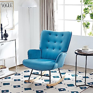 Kosydown Basic Blue Rocking Chair, Velvet Rocking Chair Nursery, Upholstered Comfy Armchair with High Backrest for Living Room Bedroom Offices, Solid Wood Legs Reading Chair