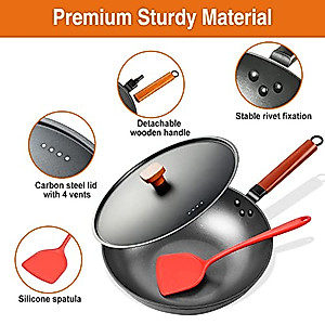 Anyfish Wok Pan with Lid, 12.8in Woks & Stir Fry Pans with Silicone Spatula, Nonstick Wok and Carbon Steel Woks, No Chemical Coated Flat Bottom Chinese Wok For Induction, Electric, Gas, All Stoves