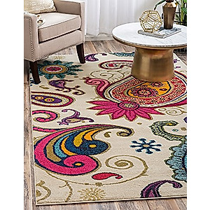 Unique Loom Estrella Collection Colorful, Paisley, Floral, Abstract, Modern Area Rug, 5 x 8 ft, Beige/Pink