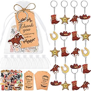 Sasylvia 159 Pcs Cowboy Party Favor Cowgirl Christmas Gift Include 36 Acrylic Keychains 36 Organza Bags 36 Thank Kraft Tags 50 Cowgirl Stickers Rope Western Themed Birthday Baby Shower Party Supplies