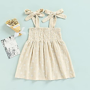 Toddler Baby Girl Summer Dress - Daisy Flower Print Elastic Dress Linen Strap Dresses Summer Clothes 6M-5T