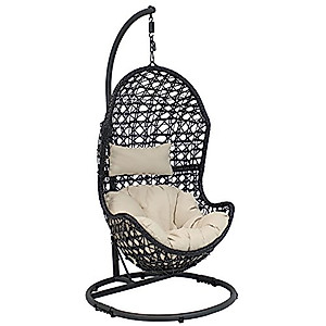 Sunnydaze Cordelia Hanging Egg Chair with Steel Stand Set - Resin Wicker - Outdoor Large Basket Design Patio Lounge Chair - Includes Beige Cushion and Headrest