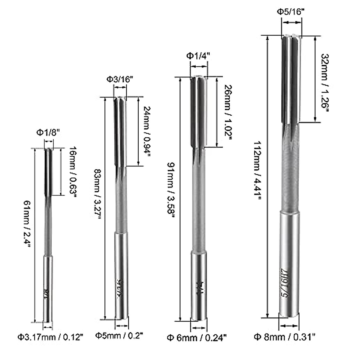 uxcell 1/8" 3/16" 1/4" 5/16" Chucking Reamer H7 Accuracy High Speed Steel Lathe Machine Reamer 6 Straight Flutes Round Shank Milling Cutter Tool Reamer Set for Bore Machining 4pcs