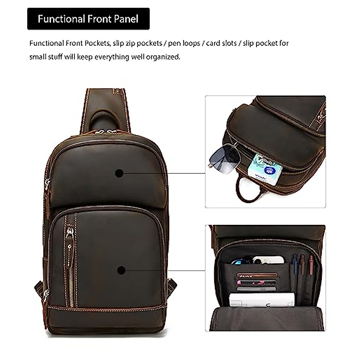 LANNSYNE Full Grain Leather Sling Bag For Men Crossbody Chest Daypack fits 12.9" iPad