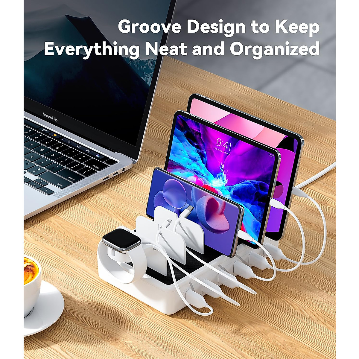 Honcila Charging station for multiple devices, 50W 6 Ports Multi Charger Station Charging Dock with Groove Design and 6 Mixed Charging Cables for iPhone, iPad, Kindle, Tablet, Cellphone and Others