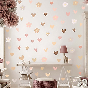 Colorful Flowers Wall Decals Boho Wall Stickers Pastel Hearts Wall Art Stickers Girls Bedroom Decor Pink Floral Decals Peel and Stick Heart Vinyl Murals Wallpaper for Kids Baby Room Nursery Decoration