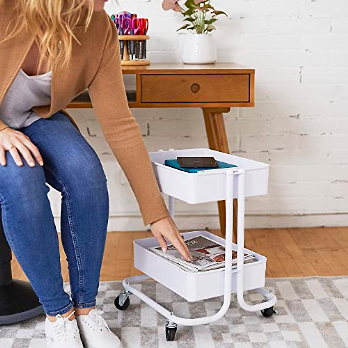 ECR4Kids 2-Tier Metal Rolling Utility Cart - Under Desk Office Storage, Multipurpose Mobile Organizer, White