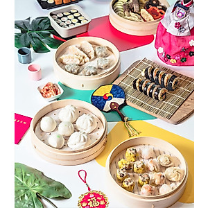 Cleanclue Bamboo Steamer Basket 10 inch and Sushi Roller Gift Set for Cooking - Asian Food(Korean, Japanese, Chinese - Bao Bun, Dim Sum, Sticky Rice) with Steam Ring - 2 Tier Dumpling Steamer Basket