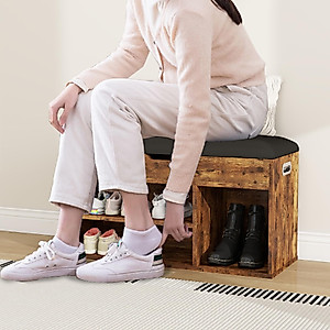 Wooden Shoe Storage Bench with Padded Cushion, 2-Tier Shoe Rack with Flip Top Storage Space Hidden Compartment for Entryway, Living Room (Wood)