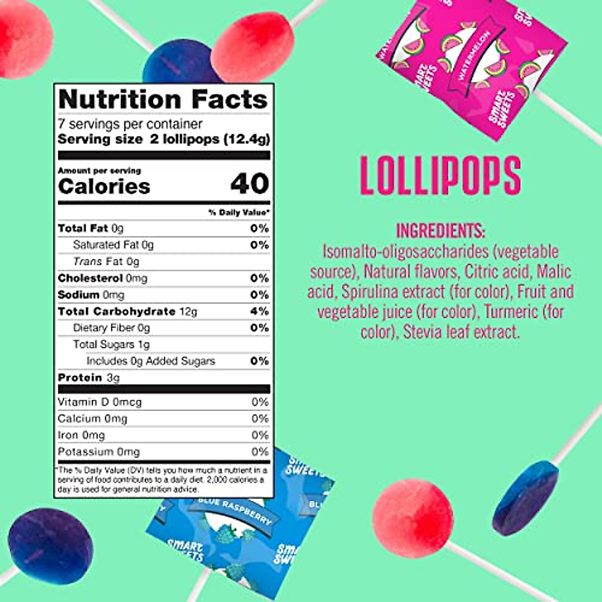 SmartSweets Lollipops, Blue Raspberry & Watermelon Flavors, Hard Candy with Low Sugar (1g), Low Calorie (40), No Artificial Sweeteners, Plant-Based, Gluten-Free, 3oz (Packaging May Vary)