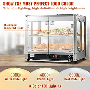 VEVOR Commercial Food Warmer Display, 2 Tiers, 800W Pizza Warmer w/ 3D Heating 3-Color Lighting Bottom Fan, Countertop Pastry Warmer w/Temp Knob & Display 0.6L Water Tray, Stainless Frame Glass Doors