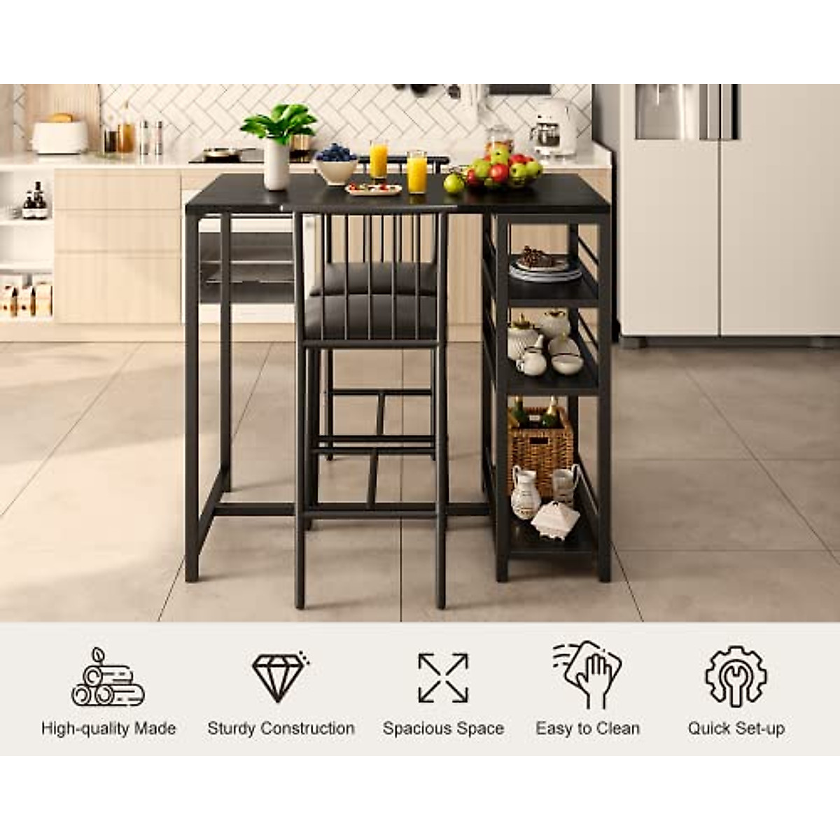 Gizoon Bar Table and Chairs Set for 2 with 3 Storage Shelves, Modern Pub Table Set with Pu Cushion Chairs & Thick Wood Top for Breakfast, 3-Piece Small Table for Kitchen - Black