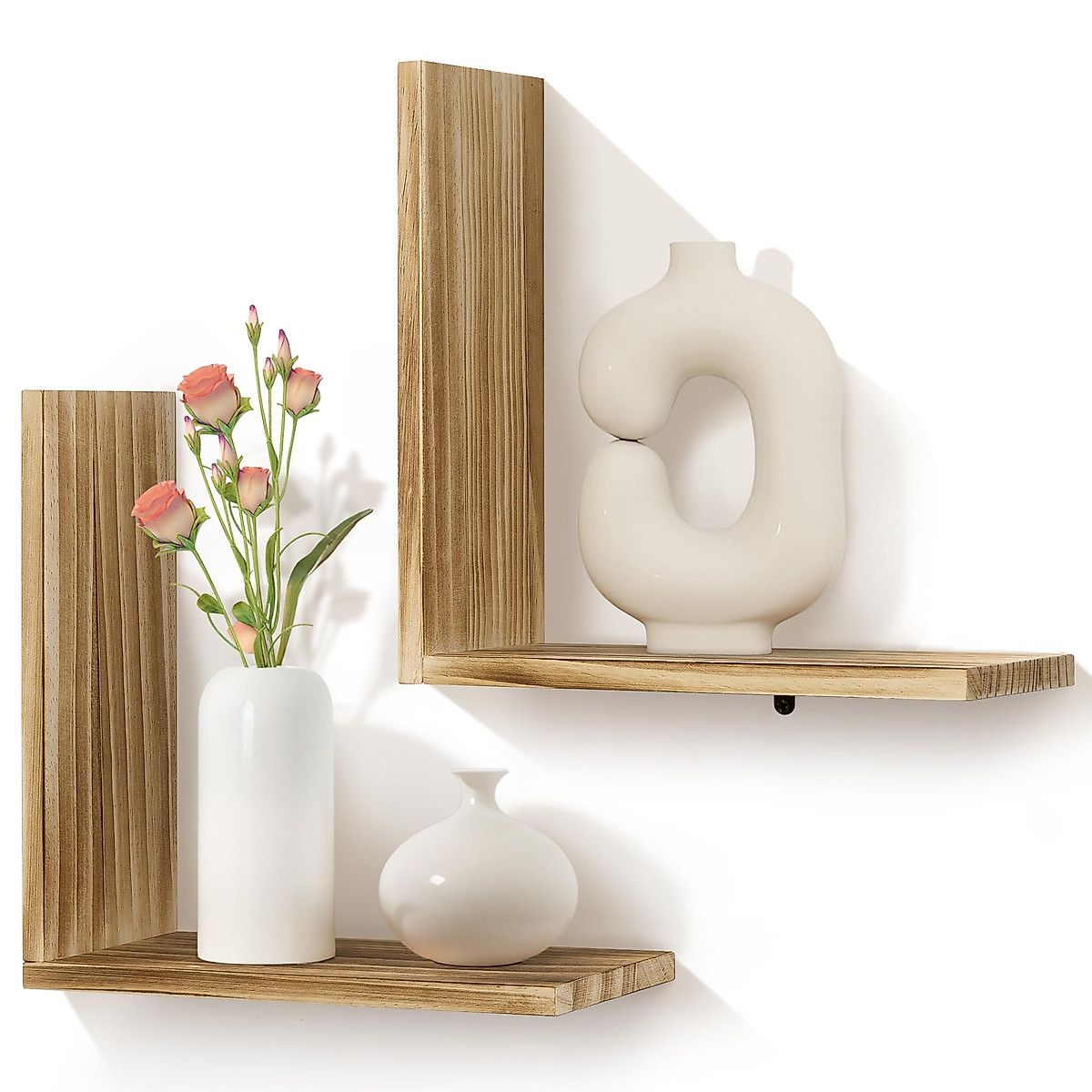 Afuly Small Wall Shelves for Bedroom Living Room, Wood Floating Shelf for Wall, Decorative Shelf Set of 2 for Book Plant Display Organizer, Natural Brown Modern Home Decor, Solid Wood 12 Inch