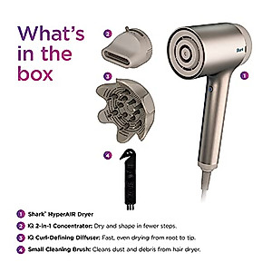 Shark HD113BRN Hair Blow Dryer HyperAIR Fast-Drying with IQ 2-in-1 Concentrator and Curl-Defining Diffuser Attachments, Auto Presets, Ionic, Styling Tools, No Heat Damage, Extendable Prongs, Stone
