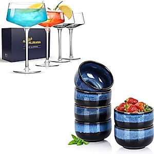 Hlukana 6 Pack Small Ceramic Bowls, Martini Glasses Set of 4, 9 oz Coupe Glass, Premium Crystal Cocktail Glassess, Champagne Coupe Glass, Handblown Drinkware Set, Perfect for Bar, Cocktails, Martinis
