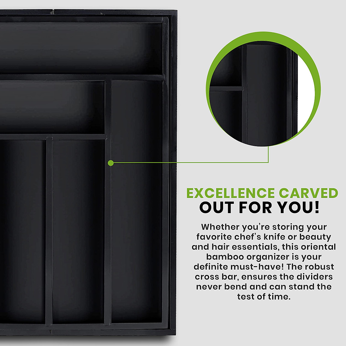 Expandable Bamboo Organizer 8 Compartment 2 Piece Set - Bamboo Drawer Dividers Organizer - Adjustable Drawer Holder for Kitchen, Silverware, Flatware, Living Room and Utensils (Black and Natural)