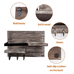 Farmhouse Bathroom Wall Mount Hair Dryer Holder with 3 Hooks for Towel or Headband, Small Wood Makeup, Toiletries Organizer Shelves, Rustic Wooden Beauty Hair Appliance Holder for Bathroom Supplies