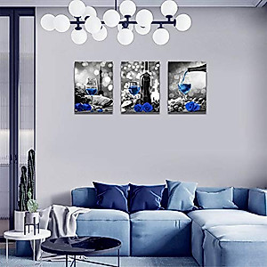 Wine Decor Kitchen Canvas Art Blue Wine Rose Artwork for Home Walls Black and White With Blue Wine Painting Printed Rose Art Dining Room Decor Blue Kitchen Pictures Wall Decor Stretched 12x16inchx3