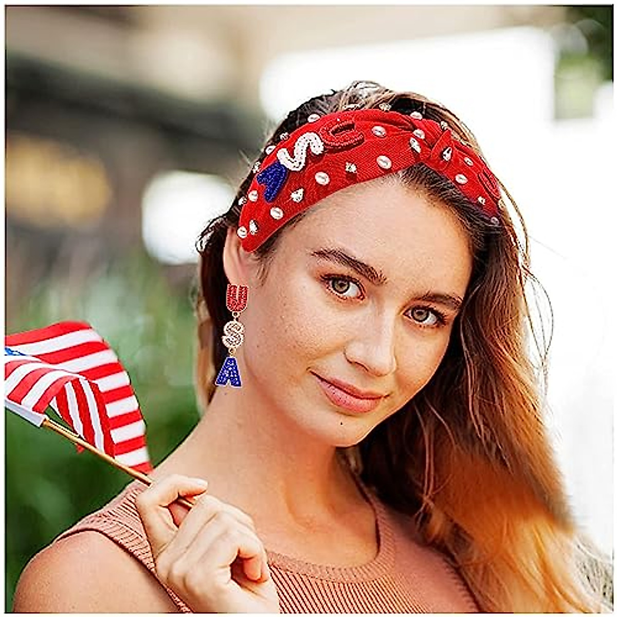 CEALXHENY Crystal Pearl Knotted Headbands - Patriotic Hair Accessory for Women, American Flag Outfits for Independence Day, Memorial Day Party Favors (USA-Red)