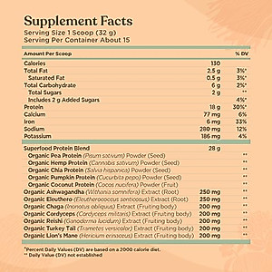 Four Sigmatic Organic Plant-Based Protein Powder Unflavored Protein with Lion’s Mane, Chaga, Cordyceps and More | Clean Vegan Protein Elevated for Brain Function and Immune Support | 16.9 oz