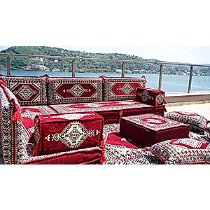 Maroon L Shaped Futon Sofa Bed, Corner Floor Couch, Sectional Sofas, Yoga Sofa Sets, Handmade Living Room Furniture, Sofa Covers (L Sofa + Rug + Poufs)