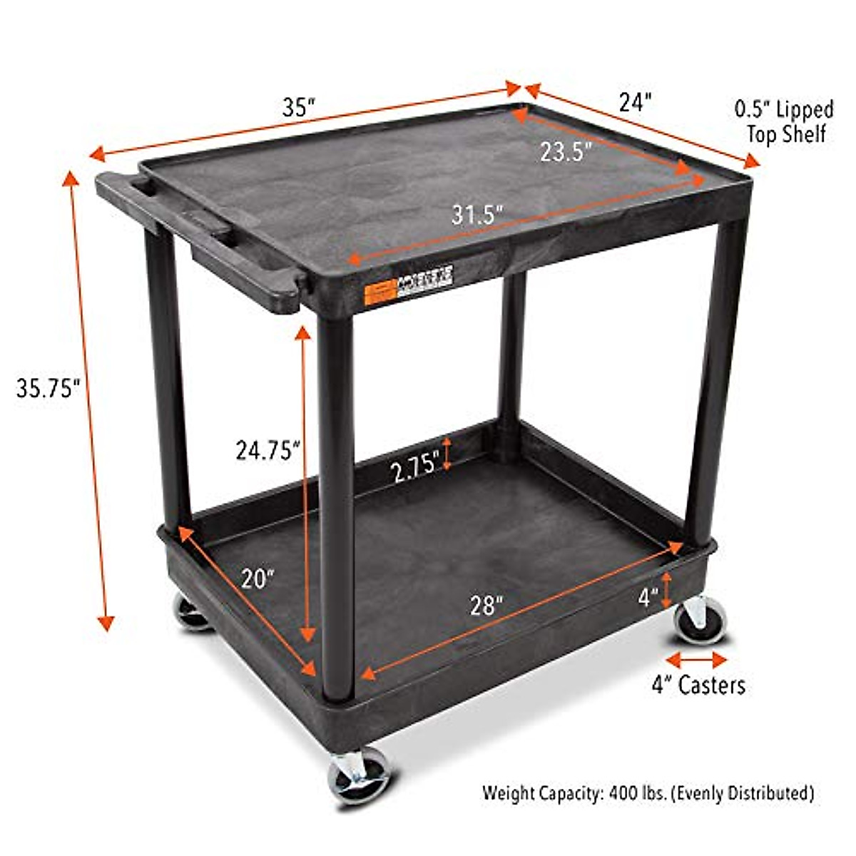 Original Tubstr Hybrid | Large Flat Top Utility Cart | Heavy Duty Service Cart Holds Up to 400 lb. | Lipped Top Shelf & Deep Tub Bottom Shelf | Ideal for Warehouse, Cleaning & More (32in x 24in)