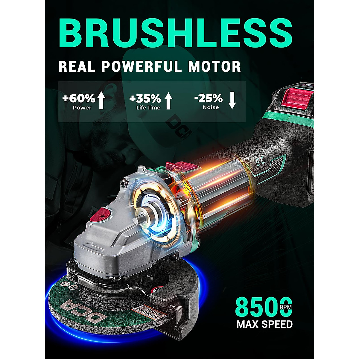 DCA Cordless Angle Grinder 20V 4-1/2 inch, 4.0Ah Battery & 2A Fast Charger, 8500RPM Brushless Motor, Power Angle Grinder with Cutting & Grinding Wheels, Flap Discs for Wood Metal & Rust Removal