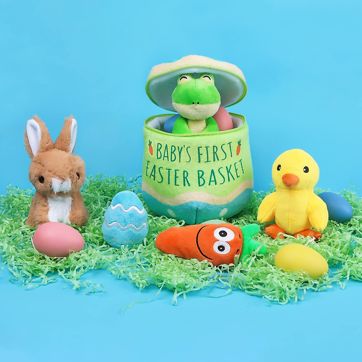 Bunny Chorus Easter Basket Playset, 6ct Stuffed Plush Bunny Chick Carrot Egg Frog for Baby Girls Boys, Easter Theme Party Favors Stuffers Gifts, Easter Decorations Party Supplies