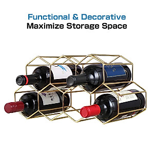 9 Bottles Metal Wine Rack, Countertop Free-Stand Wine Storage Holder, Space Saver Protector for Red & White Wines - Gold