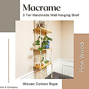 Van & Company 3 Tier Handmade Macrame Wall Hanging Shelf Includes 3 1.5cm Polished Wooden Shelves, Decorative Hand Made Roped Boho Shelving for Plants etc