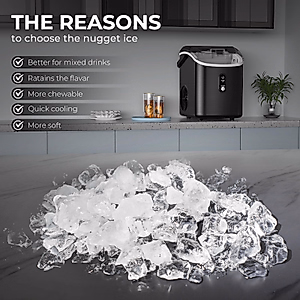 Nugget Ice Makers Countertop with Soft Chewable Pellet Ice, Stainless Steel Black, 7Mins Ice Making, 35.5Lbs/24Hrs, Pebble Ice Maker with Self-Cleaning/Basket/Scoop for Home/Office/Bar