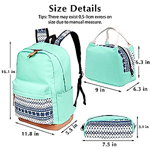 DUPHLAGT Backpack for Teens Grils Schoolbags - Casual Girls Backpack for Kids Lightweight Bookbag Set 3 in 1 with Lunch Box & Pencil(Mint Green)