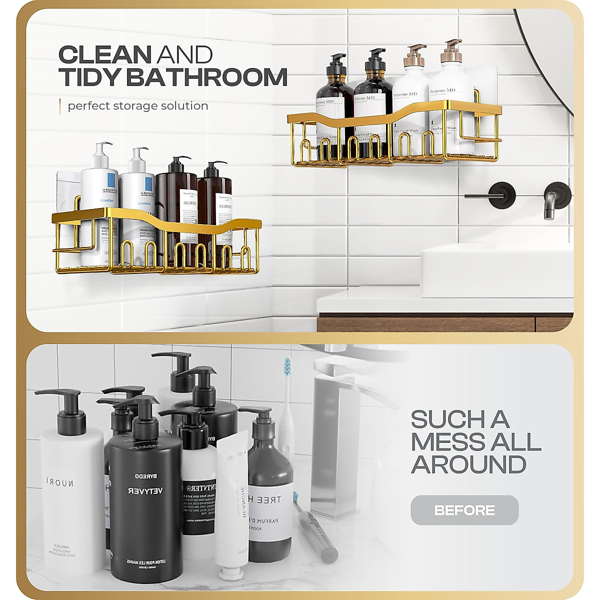 Luxury Style Stainless Steel Shower Caddy Set - Rustproof, Durable, and Adhesive Hanging Bathroom Organizer Kit with 5 Pieces | Shower Caddy Organizer | Bathroom Decor (Luxury Gold)