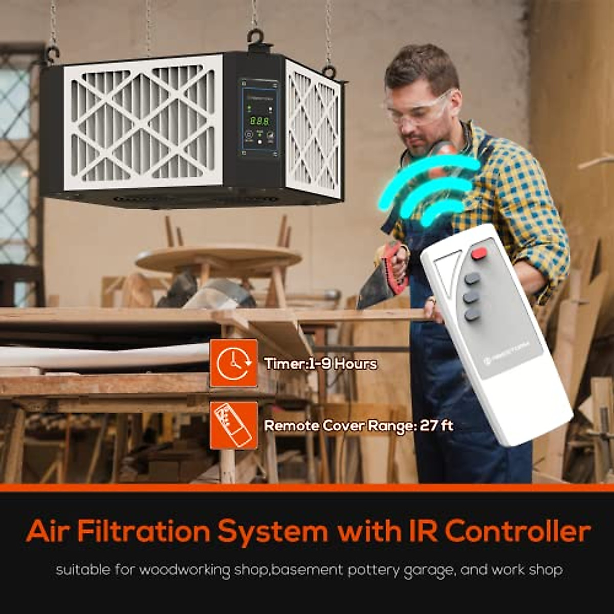 ABESTORM 360 Degree Intake Air Filtration System Woodworking -(1350 CFM) Hanging Air Filter with Strong Vortex Fan for Wood Workshop, Garage, Shop Dust Collectors, Up to 1700 sq. ft, DecDust 1350