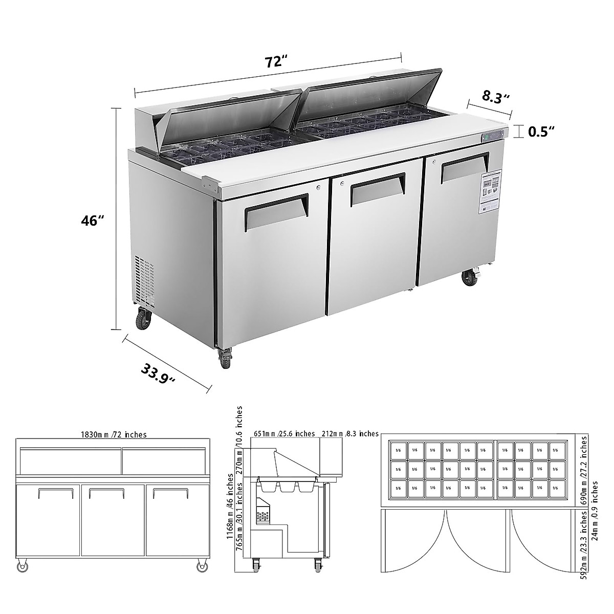 JINSONG 72" Refrigerator Sandwich & Salad Prep Table, Stainless Steel Refrigerated Food Prep Station, 20 cu. ft with Cutting Board and 30 Pans for Restaurants, Bar, Shops, etc