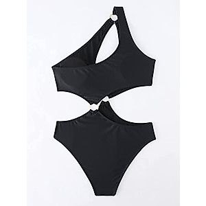 Hilinker Women's Sexy Ring Front Cut Out One Piece Swimsuit Halter Bathing Suit S-Black Small