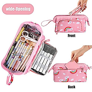 Unineovo Large Pencil Case for Girls, Cute Cartoon Rainbow Pink Pencil Pouch Big Capacity Pencil Organizer Bag, Students School Supplies Back to School Kids Gifts Teen Girls Zipper Pen Box