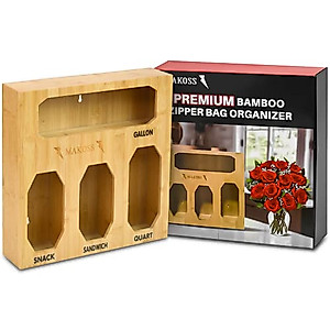 MAKOSS Premium Bamboo Ziploc Bag Storage Organizer & Dispenser Kitchen Wall Drawer- Zip loc Baggie Organizer - Food Storage Plastic Bag Holder of Gallon, Slider Quart, Sandwich, Snack Valentine deals