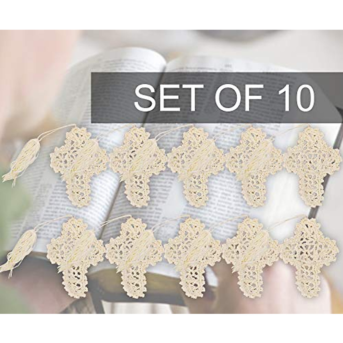 Home-X Ivory Crocheted Cross Bookmarks with Tassel-Religious Church Gifts and Bible Study Supplies-Set of 10-4"H x 3"W