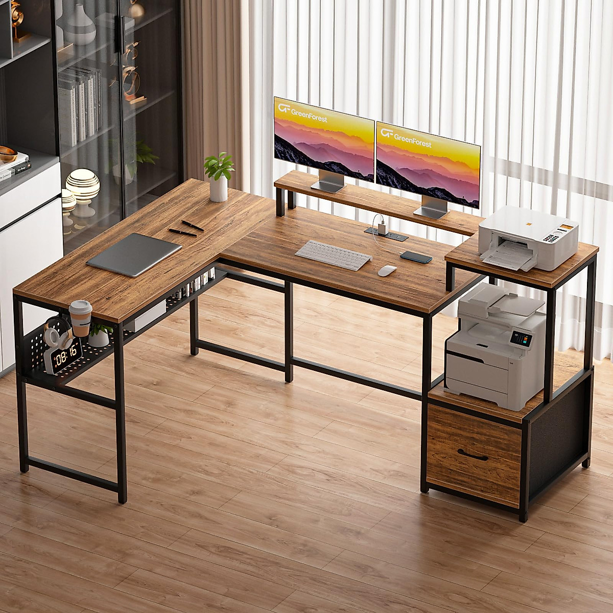 GreenForest King Size Bed Frame Easy Quick Assembly Metal Platform Bed Base and 69 inch L Shaped Desk with Drawers and Power Outlet and USB Ports