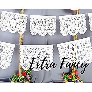 Mexican Party Decorations, 5 Pk White Papel Picado Banner Over 83 Feet long, For Wedding decorations, quinceañeras, birthdays, Mexican PAPER 50 Wedding Flags on string WS93