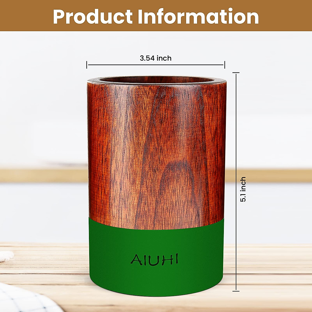 AIUHI Wood Cooking Utensil Holder for Countertop,Teak Crock Organizer Caddy, Wooden Holder for Kitchen Utensils,for Spoons Spatula Straw Cutlery Accessories Utensils Storage (Green)
