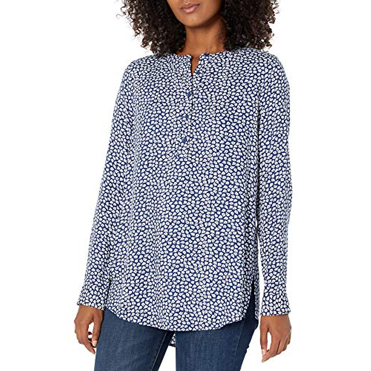 Amazon Essentials Women's Long-Sleeve Woven Blouse, Navy/White, Large