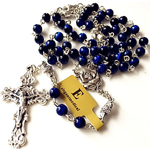 elegantmedical HANDMADE Blue Tiger Eye Beads & Silver Rose Beads ROSARY CROSS Crucifix Necklace box