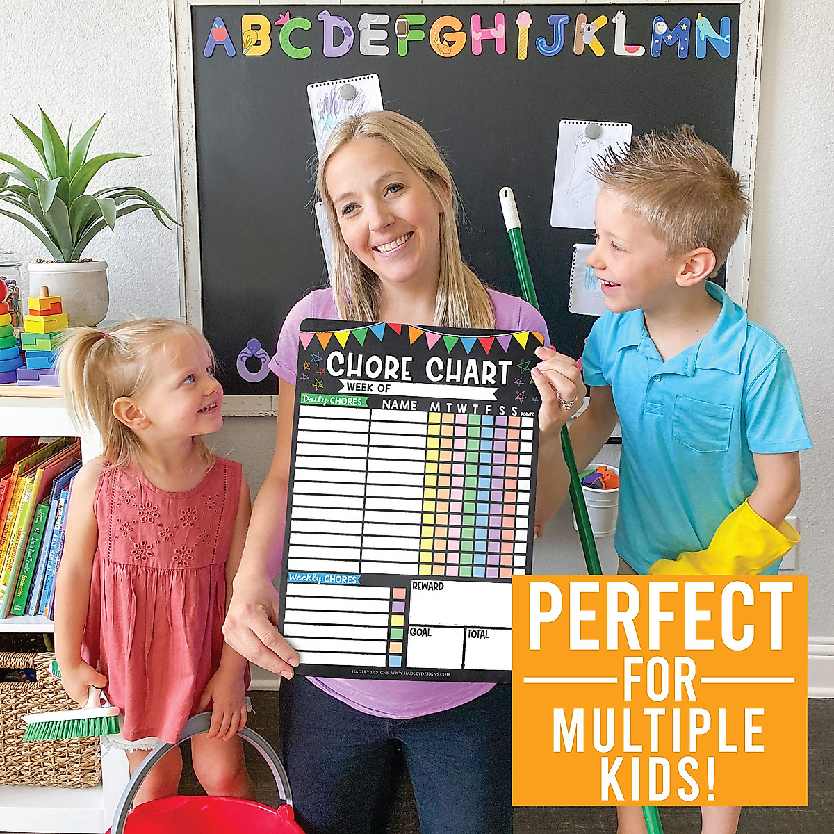 Hadley Designs Magnetic Chore Chart for Kids-12"x17" Reusable Dry Erase Responsibility Chart for Multiple Kids-Weekly Family Organizer with Reward System and Bonus Chore Guide