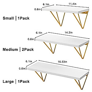 Fixwal 4 Set White Floating Shelves Wall Shelves , Shelves for Wall Decor, White Wall Shelves with Golden Metal Brackets for Bedroom, Living Room, Bathroom, Kitchen, Office Decor