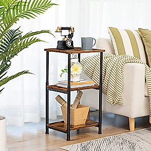 HOOBRO Side Table, Height-Adjustable Nightstand with Storage Shelves, 3-Tier Tall Industrial End Table, Coffee Table, for Living Room, Bedroom, Study, Solid Structure, Rustic Brown BF65BZ01