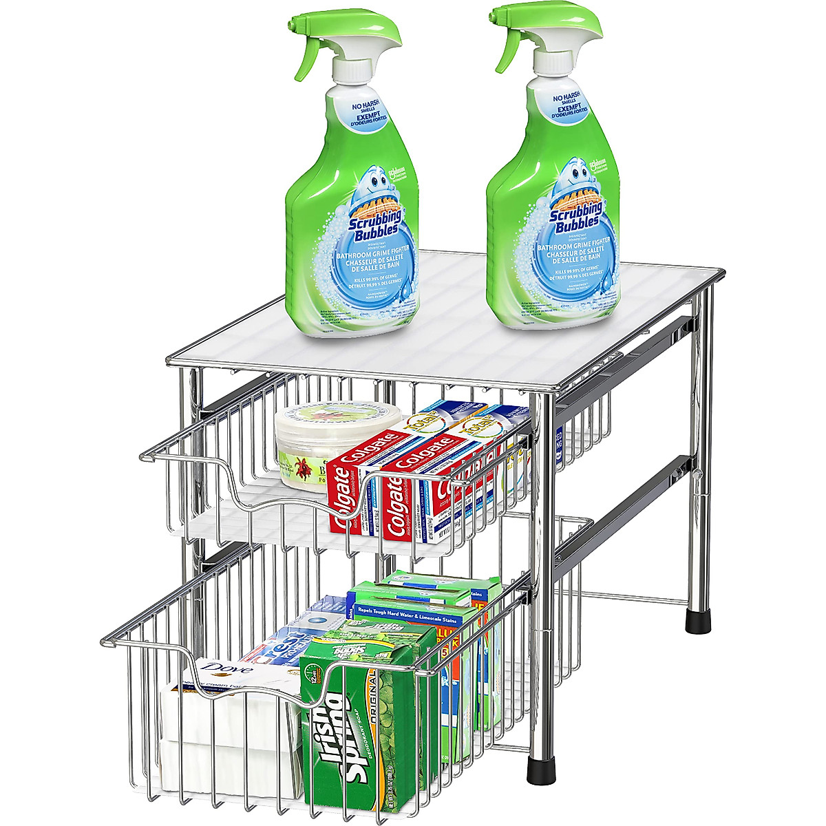 SimpleHouseware Stackable 2 Tier Sliding Basket Organizer Drawer, Chrome